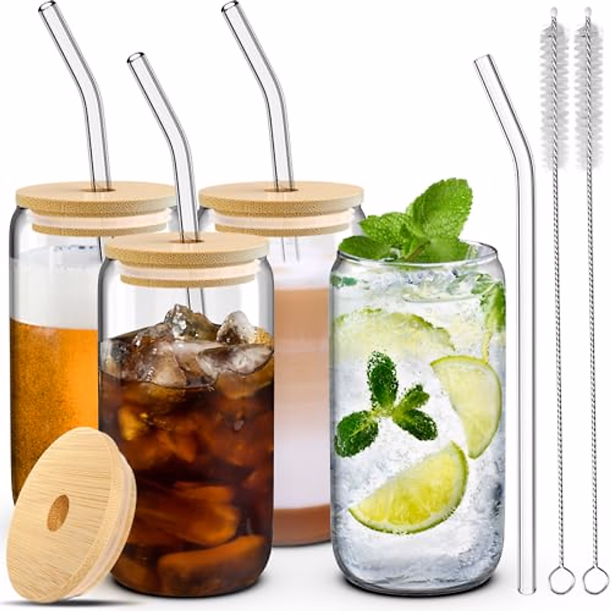 4 Set Glass Cups with Lids and Straws 16 oz, Glasses Drinking Set, Iced Coffee Cup with Bamboo Lids, Drinking Glasses Tumbler with Straw and Lid, Glass Can Coffee Cups, Drinking Glassware, 2 Brushes