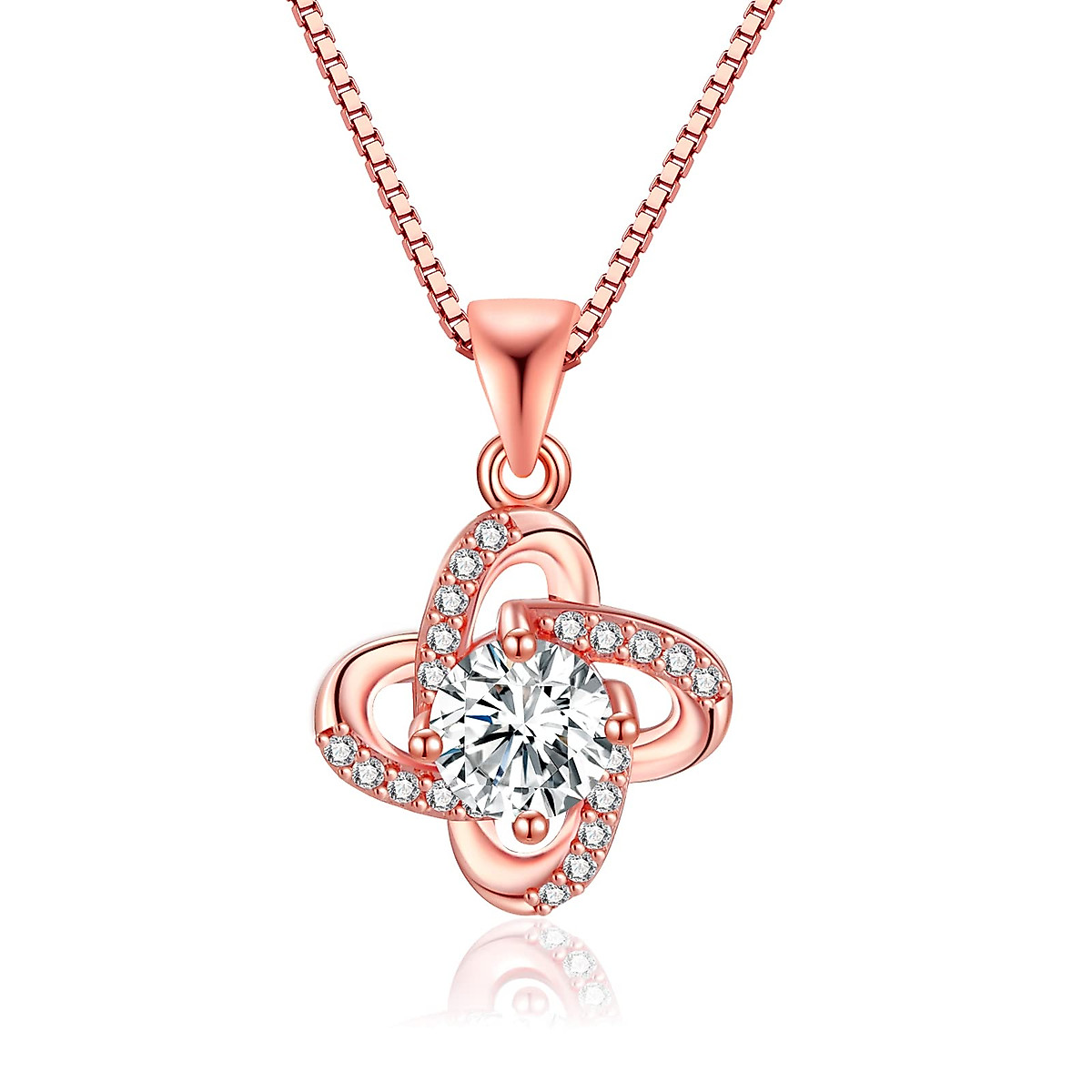 WSKFLY 14K Gold Plated Cubic Zirconia Necklace, Love Knot Diamond Pendant Necklace for Women (Rose Gold)
