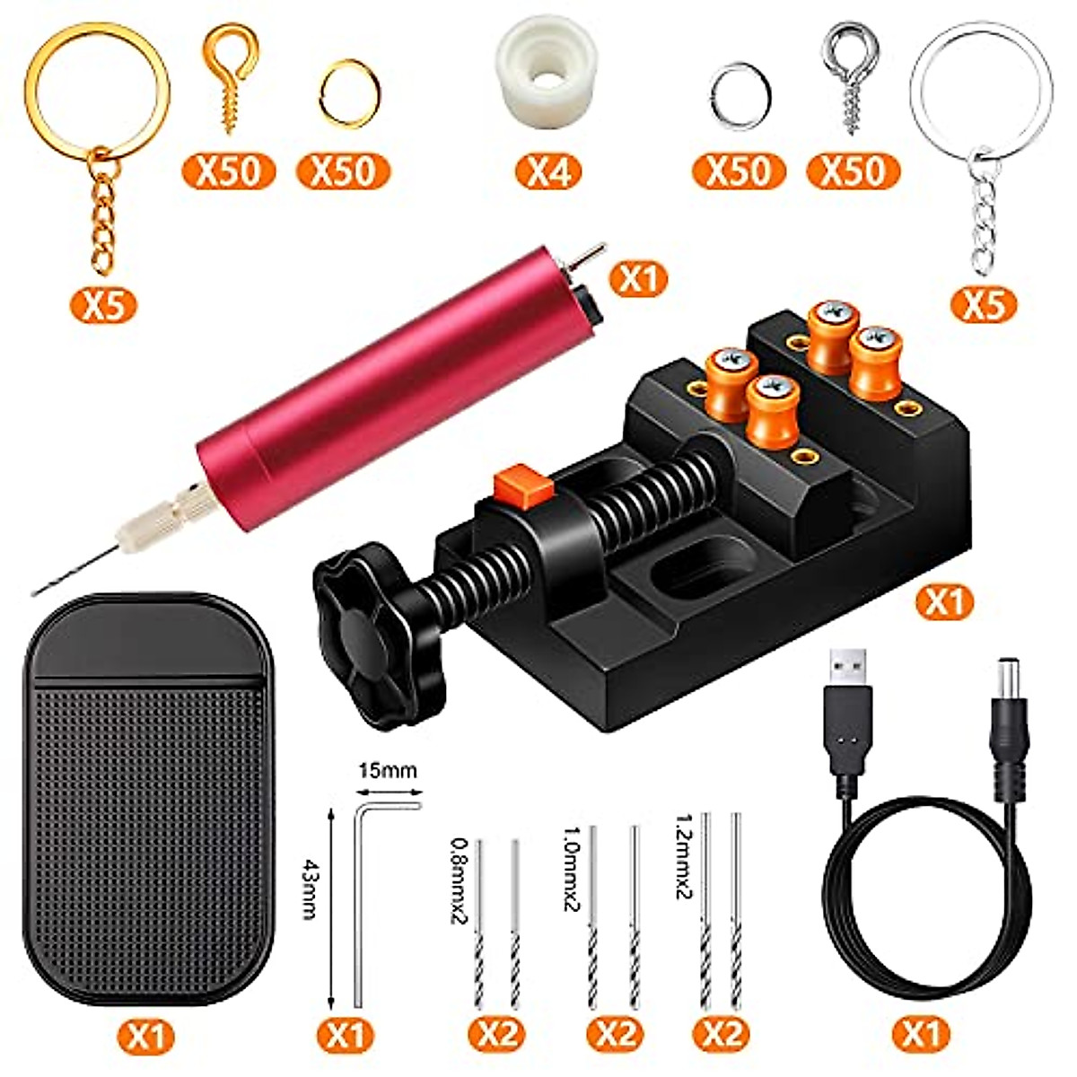 Electric Resin Drill Set,Pin Vise for Resin Molds Jewelry Casting, YASPIT Anti-Skid Drill Press Vise, 210 PCS Keychain making Supplies, Precision Hand Drill Kit for DIY Resin Keychains Jewelry Making
