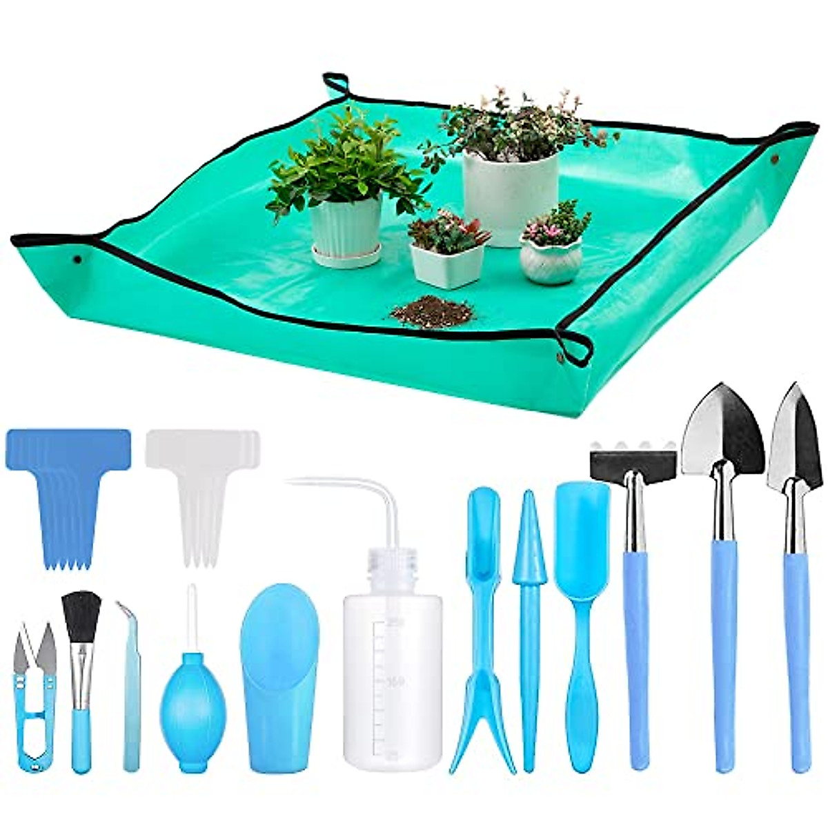 Melphoe 23Pcs Mini Garden Hand Transplanting Succulent Tools Set, 39.4" Thickened Repotting Mat & Plant Tag, Miniature Planting Indoor Fairy Care, Potting, Cactus, Houseplant Bonsai Tool Kit (Blue)