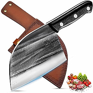 ENOKING HandForged Meat Cleaver Knife Heavy Duty, 6.7 inches Full Tang Sharp Serbian Chef Knife, High Carbon Steel Cutting Knife with Leather Sheath for Kitchen Camping BBQ