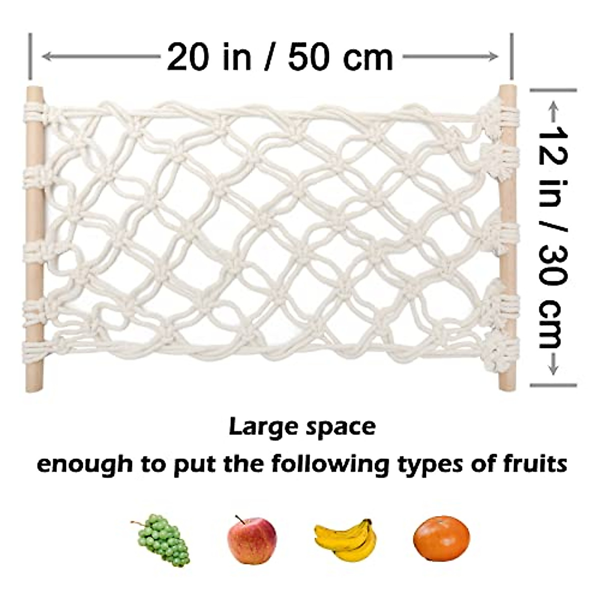 Motarna Hanging Fruit Hammock with Hooks, Hanging Fruit Basket Under the Kitchen Cabinet for Storing Banana Fruits, Hand-Woven Lace Hanging Basket for Kitchen Décor, Rectangle