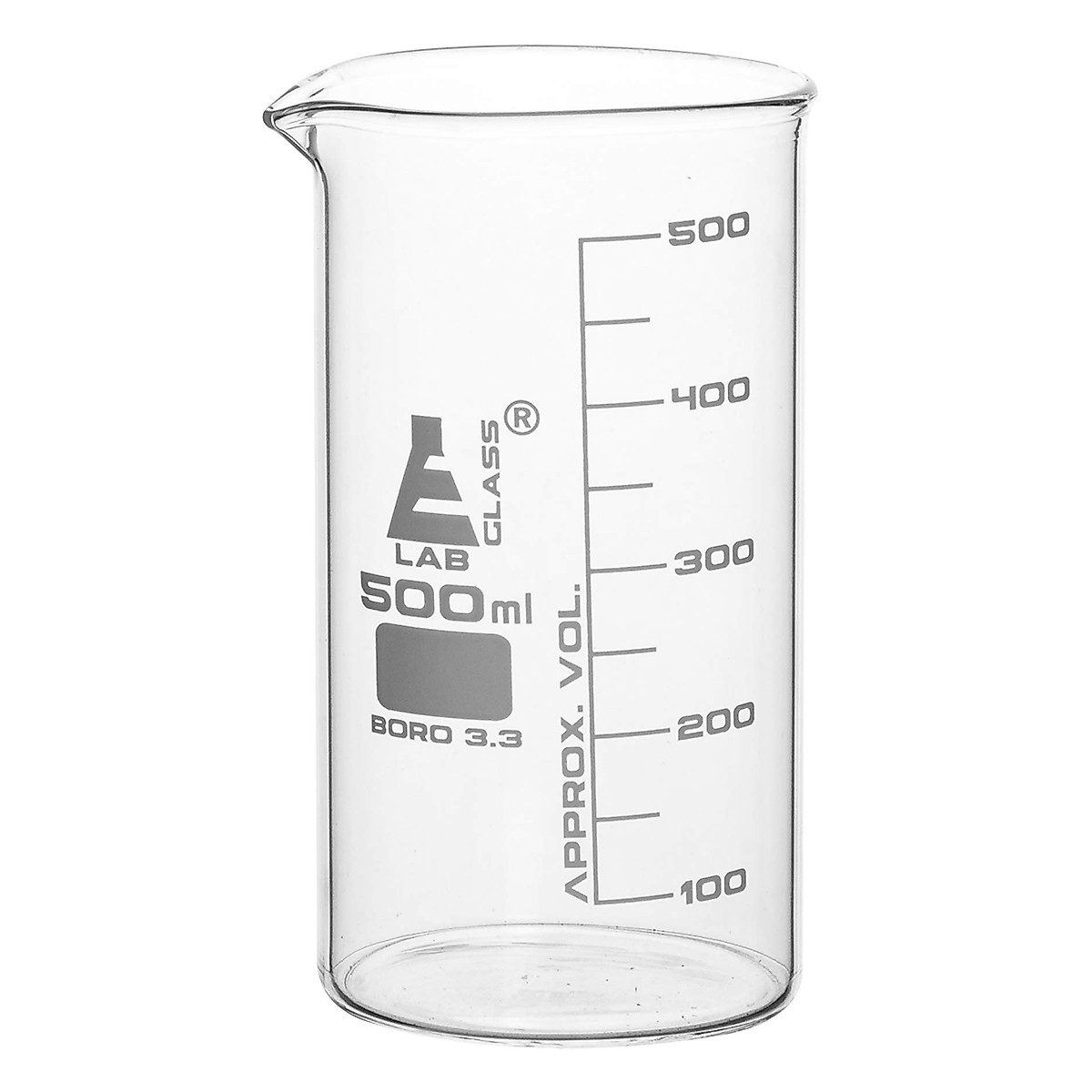 EISCO 6PK Beakers, 500ml - Tall Form with Spout - White, 50ml Graduations - Borosilicate 3.3 Glass