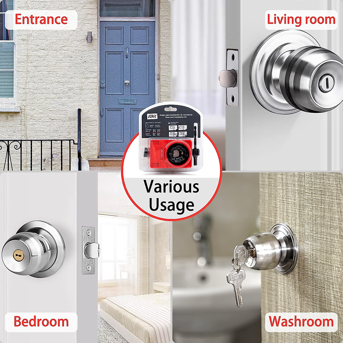 RKK Door Lock Installation Kit, Carbon-Steel Door Lock Hole Saw Door Knob Installation Kit for Deadbolts and Locksets for Wooden Doors with Guide Template