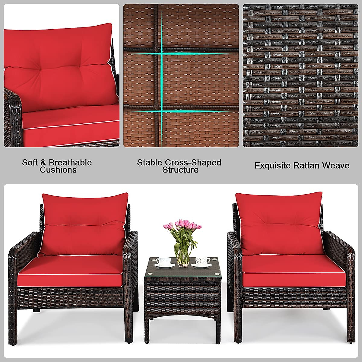 DORTALA 3 Piece Patio Furniture Set, Outdoor Rattan Wicker Conversation Set with Cushions, Glass Top Coffee Table for Garden Balcony Poolside, Red