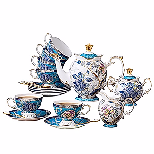 ACMLIFE Bone China Coffee Tea Sets, 21-Piece Porcelain Tea Cup Set, Tea Cup and Saucer Set Service for 6 with 34 Ounces Teapot,Sugar Bowl,Creamer Pitcher and Teaspoons, Christmas Gifts for Women