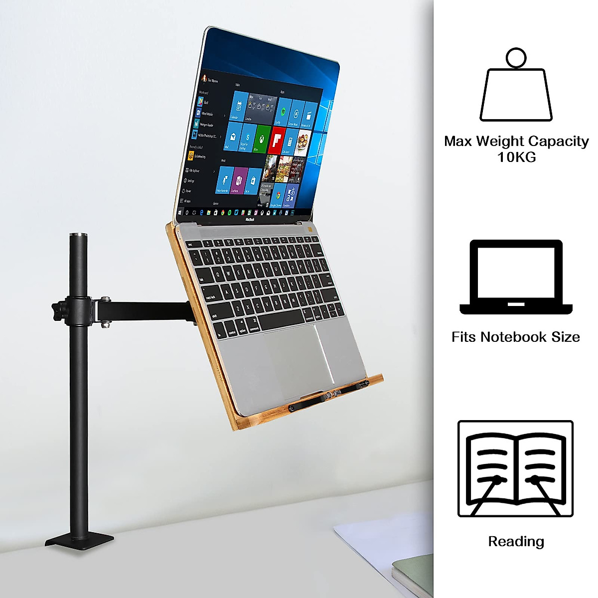 wishacc Book Stand with Clamp, Aluminum Alloy and Bamboo Material Build, Table Side Design, Height Adjustable, Desktop Reading Mount Holder with Sturdy Page Clips (11 x 8.1 Inches)