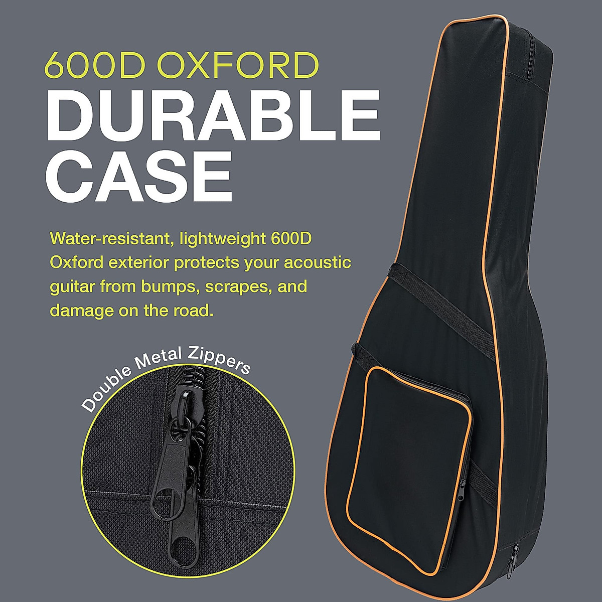 Knox Gear KN-SGC01 Acoustic Dreadnought Guitar Lightweight Hard-Foam Case w/ Back Straps, black