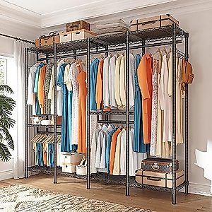 Raybee Clothing Rack Heavy Duty Clothes Racks for Hanging Clothes with Hooks Load 910LBS, Black