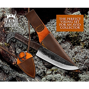 Viking Culture Ox Horn Mug, Shot Glass, and Bottle Opener (3 Pc. Set) Authentic 16-oz. Ale Intricate Design Wolf/Fenrir + 2-Piece Viking Knife Set - Raven-Head Viking Knife