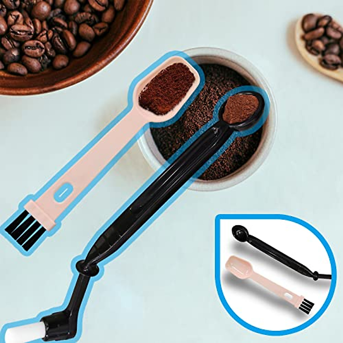 PURIMADE 7 Pcs Coffee Machine Cleaning Brush, Espresso Machine Brush with Detachable Head, Wooden Plastic Brush with Bristles for Grinder, Plastic Spoon with Brush & 2Pcs Espresso Steam Wand Brushes