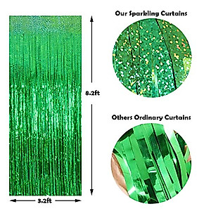 Foil Fringe Curtains Party Decorations - Melsan 3 Pack 3.2 x 8.2 ft Tinsel Curtain Party Photo Backdrop for Birthday Party Baby Shower or Graduation Decorations Green