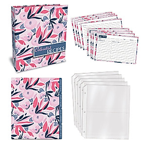 Better Kitchen Products Recipe Binder, 8.5" x 9.5" 3 Ring Binder Organizer Set (with 50 Page Protectors, 100 4" x 6" Recipe Cards & 12 Category Divider Tabs) Floral Design