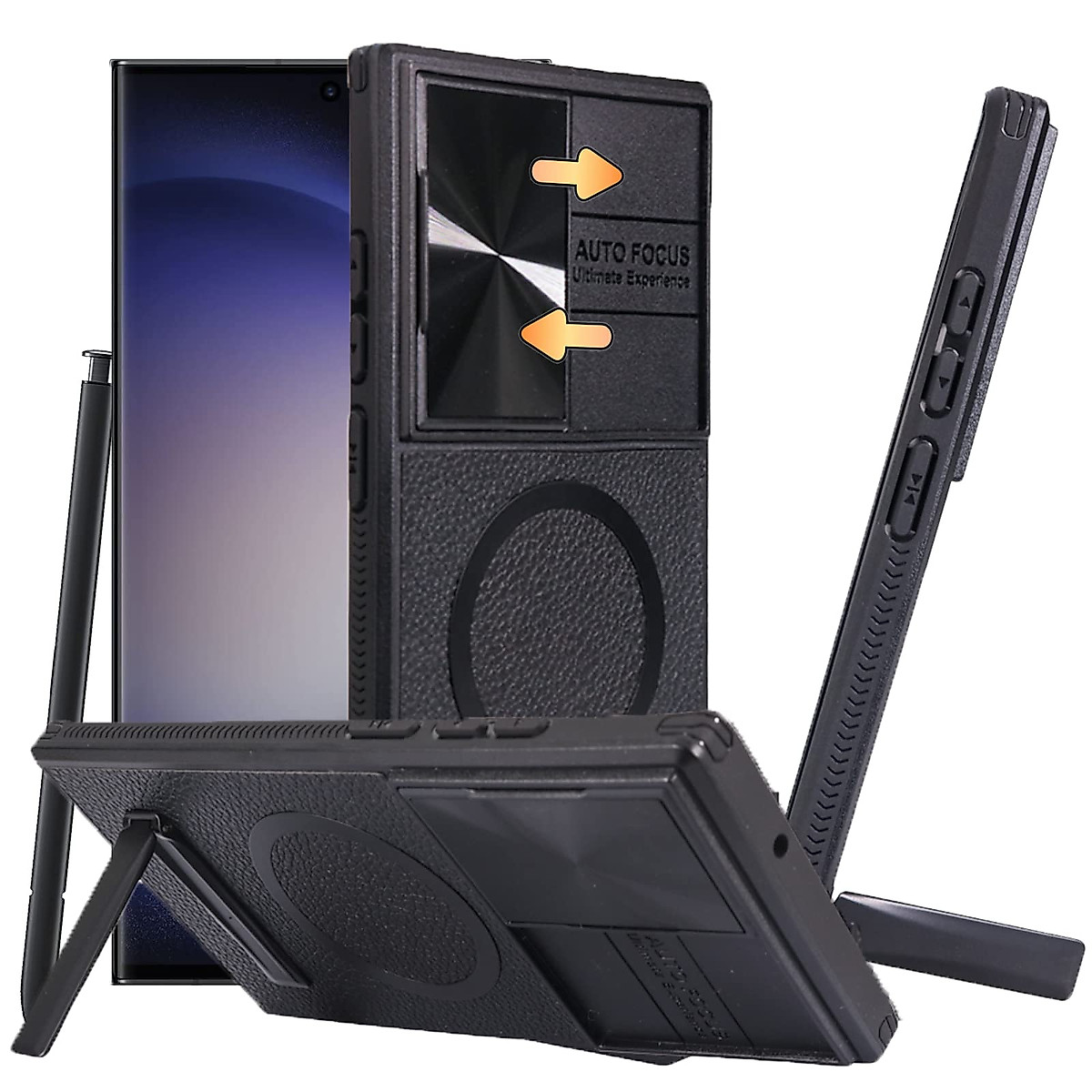 KUGEW for Samsung Galaxy S23 Ultra Case with Kickstand & Camera Cover, 3-Way Metal Stand[Horizontal & Vertical Stand] Luxury Leather Back Slim Fit Rugged Bumper Cover Heavy Duty Shockproof (Black)