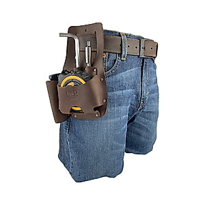 Hide & Drink, Tape & Knife Holder, Marking and Measuring Pouch, Tool Case, Screwdriver Holster, Pocket Belt Pouch, Full Grain Leather, Handmade (Bourbon Brown)