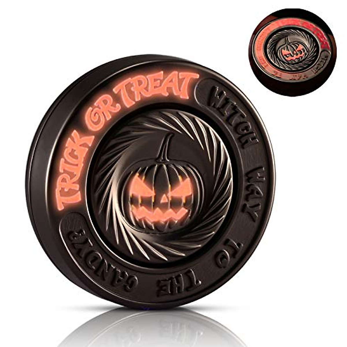 LION CITY Halloween Pumpkin Fidget Spinner, Glow in The Dark Hand Spinner with Red Luminosity, Fully Metallic Desk Toy with Replaceable Bearing, Comes with Mini Flashlight, Matte Finish, Dark Brown