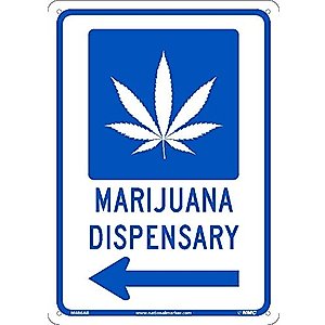 NMC M486AB Notice – Marijuana Dispensary Arrow Sign - 14 in. x 10 in. Aluminum Notice with Left Arrow, Marijuana Graphic, Blue Text on White