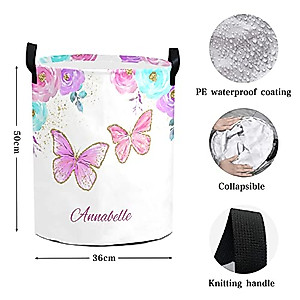 Butterfly Floral Personalized Waterproof Foldable Laundry Basket Bag with Handle, Custom Collapsible Clothes Hamper Storage Bin for Toys Laundry Dorm Travel Bathroom