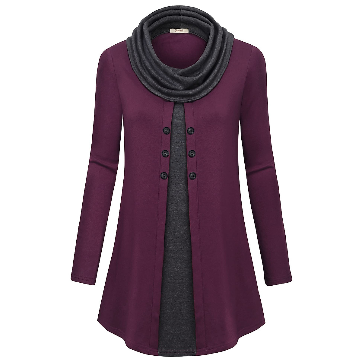 Bebonnie Fall Tops for Women 2025 Trendy,Petite Long Sleeve Cowl Neck Warm Splicing Tunic Tops with Buttons Magenta Grey Small
