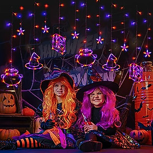 LOLStar Halloween String Lights, Halloween Window Decorations Orange Purple Spellbook, Witch Hat and Cauldron 183 LEDs Indoor Hanging Curtain Lights, Remote 8 Flashing Modes Timer Function