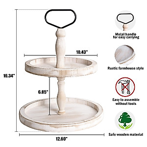 Mustry Rustic Wooden 2 Tiered Tray, Round Farmhouse Kitchen Table Decor Serving Tier Tray, Food Fruits Cupcake Display Coffee Bar Home Party Seasonal Decorations (White)