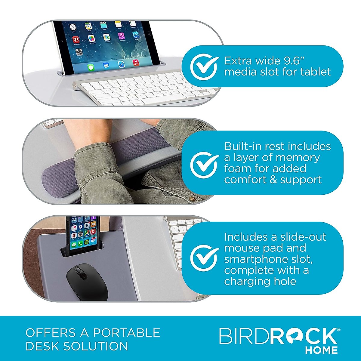 SOFIA + SAM Multi-Tasking Lap Desk with Memory Foam Cushion & Wrist Rest - Portable Computer Bed Tray - Fits Laptops Up to 15", Tablets Up to 9.6", Smartphones Up to 3.5" - Silver