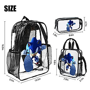 Qxuzizh 3PCS Transparent Clear Backpack Plastic Bookbags with Lunch Bag Tote And Pencil Case Box Pouch for Teen Boys Girls Youth