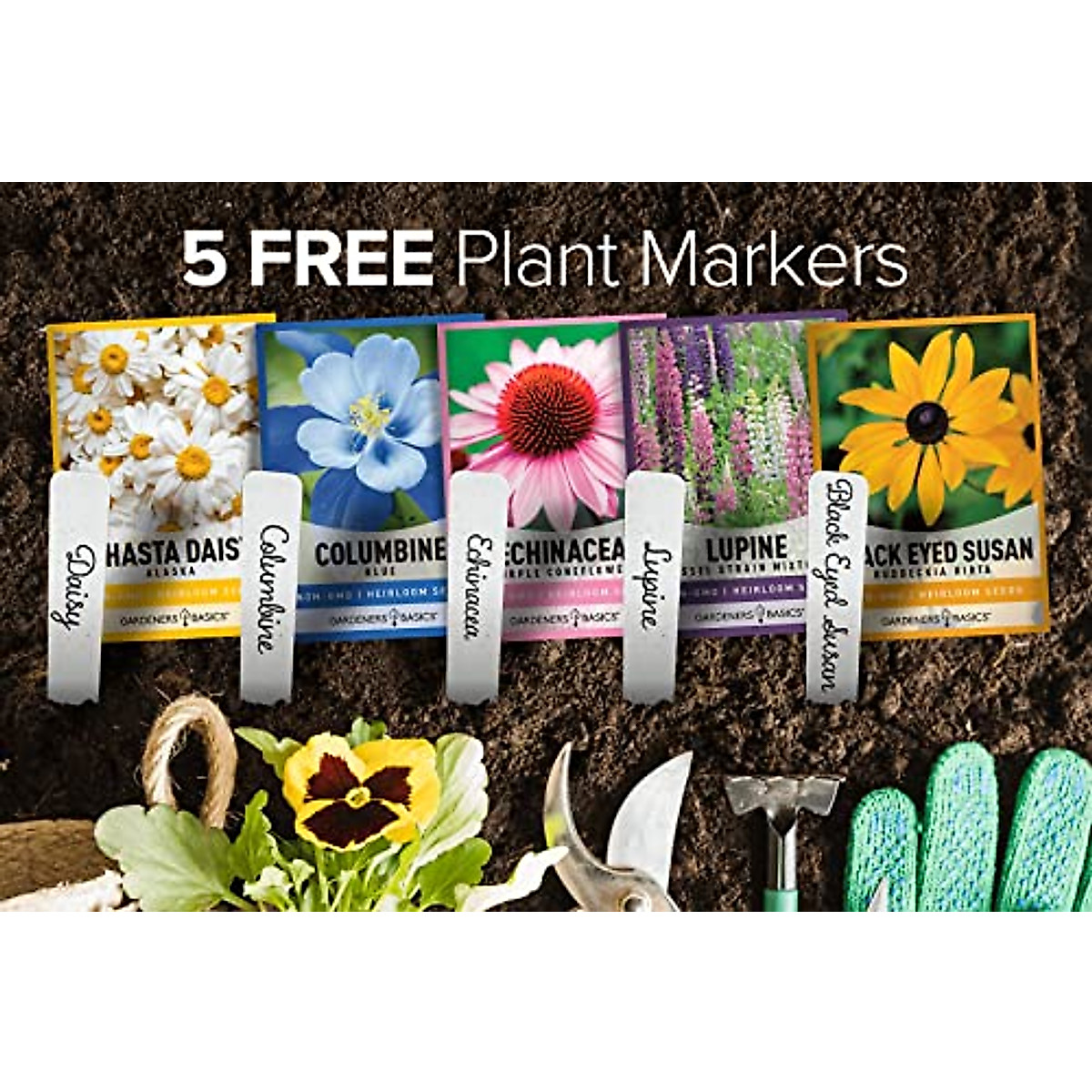 Perennial Flower Seeds for Planting Outdoors (5 Variety Pack) Lupine, Columbine, Echinacea Purple Coneflower, Black Eyed Susan, Shasta Daisy for Pollinators Wildflower Seed by Gardeners Basics