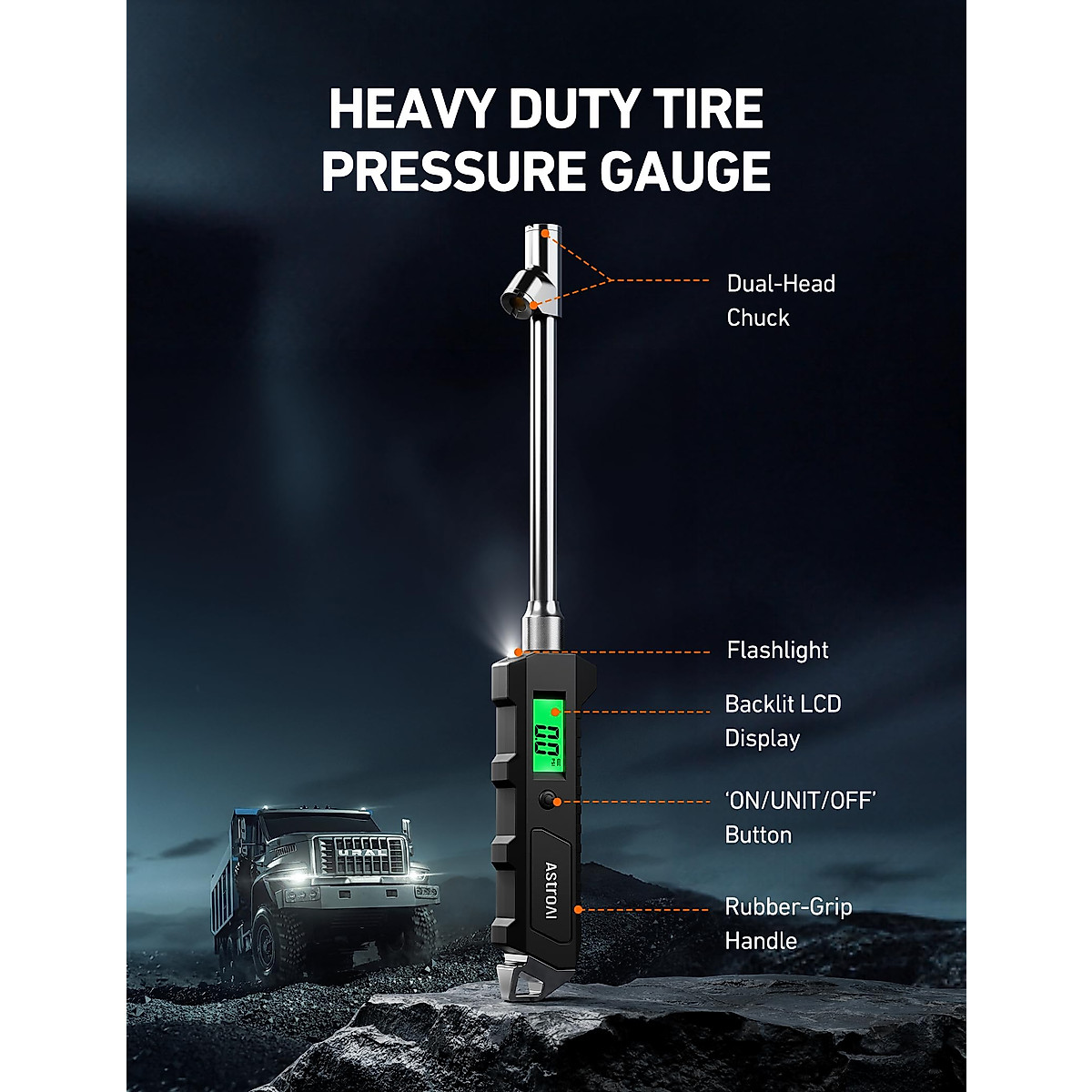 AstroAI Digital Tire Pressure Gauge 230 PSI Heavy Duty Dual Head Stainless Steel Made for Truck and RV with Backlit LCD and Flashlight Car Accessories