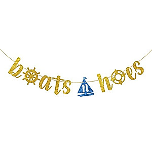 Dalaber Gold Glitter Boats N Hoes Banner - Funny Nautical Theme Birthday Decoration - Cruise Theme Wedding/Engagement/Bridal Shower/Bachelorette Party Decor Banner Photo Booth Prop