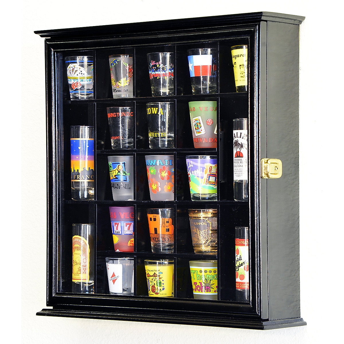 21 Shot Glass Shotglass Shooter Display Case Holder Cabinet Wall Rack 98% UV Lockable -Black