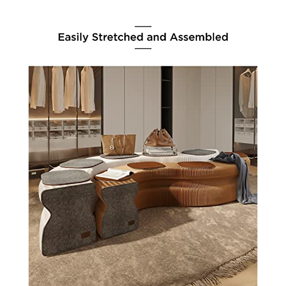 HONISMART Folding Bench, 3-Seat Accordion Retractable Bench, Foldable Entryway Bench, Creative Paper Bedroom Benches, 3-Seat End of Bed Bench, Piano Bench, Dining Bench, Benches for Indoor(Brown)