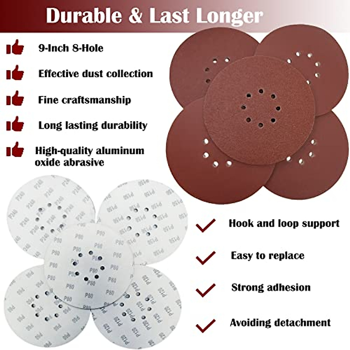 Sackorange 50 PCS 9-Inch 8-Hole Drywall Sanding Discs Set -10 PCS Each of 60 80 120 150 240 Grits, Premium 9" Hook-and-Loop Aluminum Oxide Abrasive Sander Paper for Drywall Sander