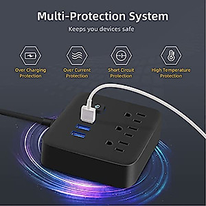 Power Strip Surge Protector USB Ports, 3 Outlets Ports Desktop Charging Station, Flat Plug, Wall Mount,4ft Braided Extension Cord,with Night Light Station for Cruise Ship,Home,Office, Black