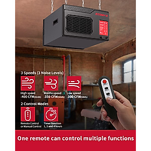 Ecomax MCF03 Air Filtration System, 3-Speed Hanging Ceiling Dust Collectors for Woodworking, Remote Controlled Dust Collection Systems for Shop Garage (300/350/400 CFM)