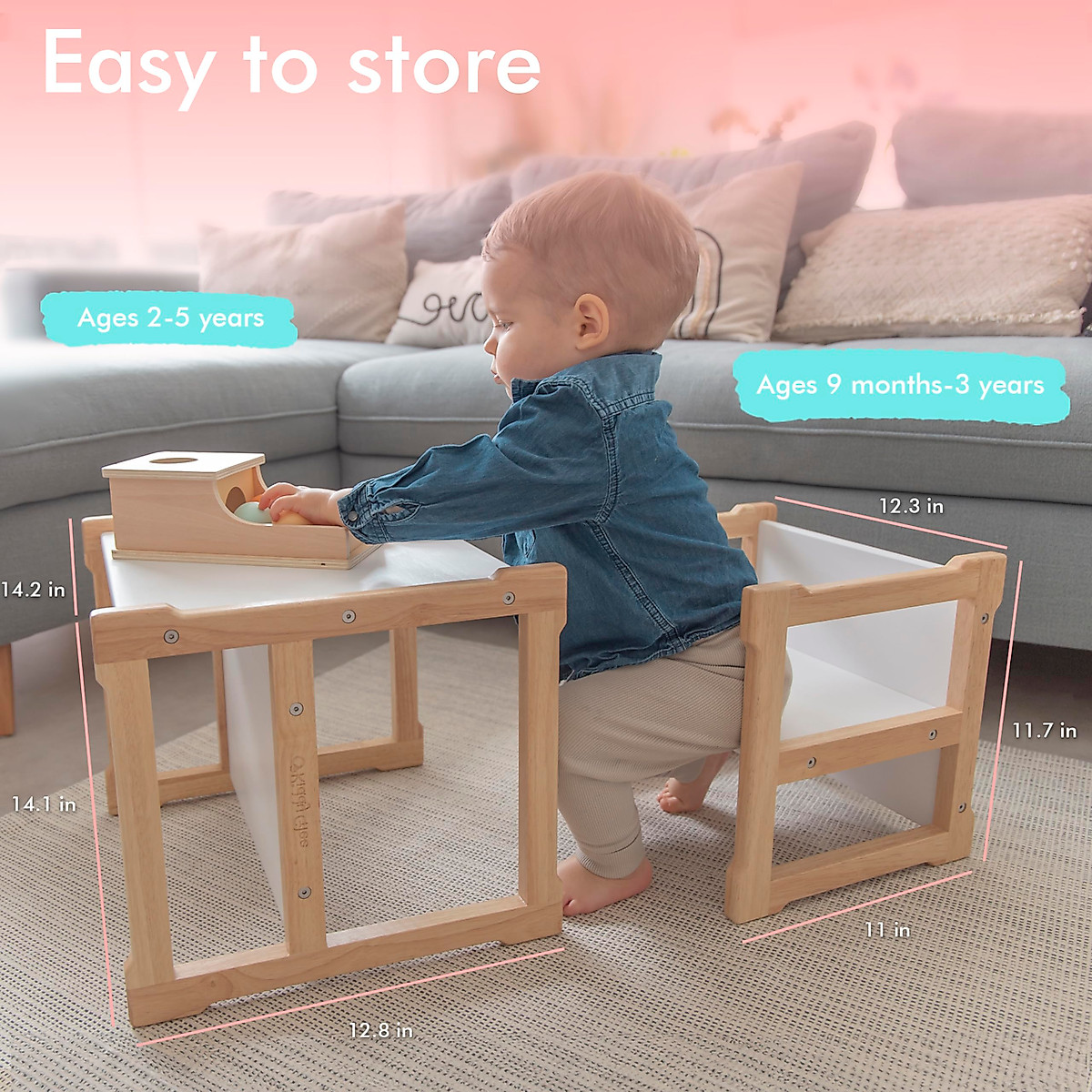 Kiddy Glee Montessori Weaning Table and Chair Set for Toddlers - Premium Wood Design for Childs Age 1-5, Kids Activity Table for Learning/Dining/Playing, Cube Chair, Lalo, 5 in 1 Montessori Furniture