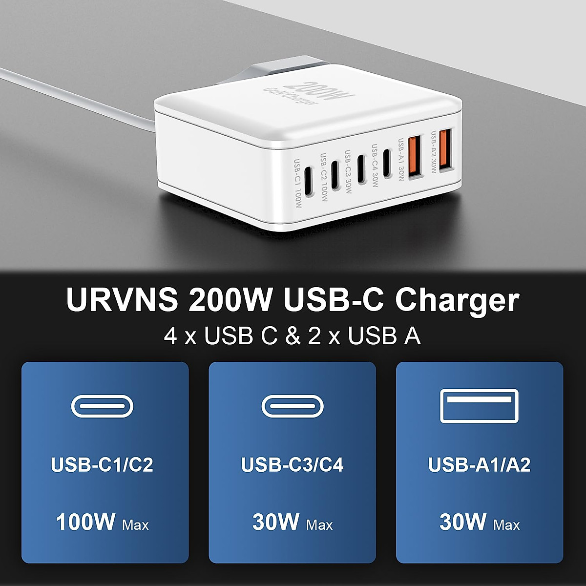 URVNS 200W USB C Charger, GaN 6 Ports PD 100W PPS 45W QC30W Super Fast Charging Station for iPhone 15 14 Series, MacBook Laptop, iPad, Samsung Galaxy S23/22 and More(with 5FT Power Cord)
