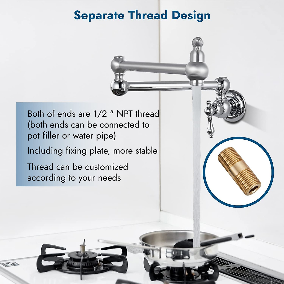 Cinwiny Polished Chrome Pot Filler Faucet Wall Mount Classical Folding Stretchable Stainless Steel Kitchen Restaurant Sink Faucet with Double Joint Swing Arm 1 Hole 2 Handle Commercial