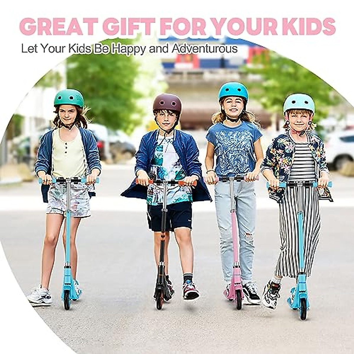 Kids Electric Scooter Ages 6-12 Gobazaar, Colorful LED Lights, Up to 8-10 MPH & 7.5 Miles,150W Electric Scooter for Kids with 3-Speed Adjustment,4-Height (Pink)