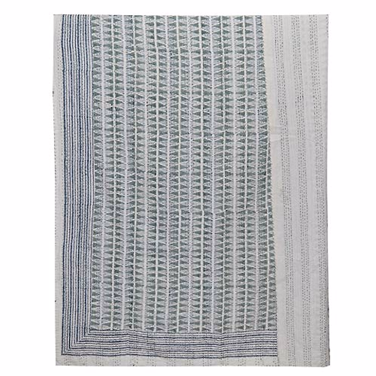 MAVISS HOMES Hand Block Print Kantha Quilt | Queen Size Cotton Quilt | Throw Blanket Bedspread |Vintage Kantha Blanket |Leightweight Cozy Soft Blanket; White and Blue