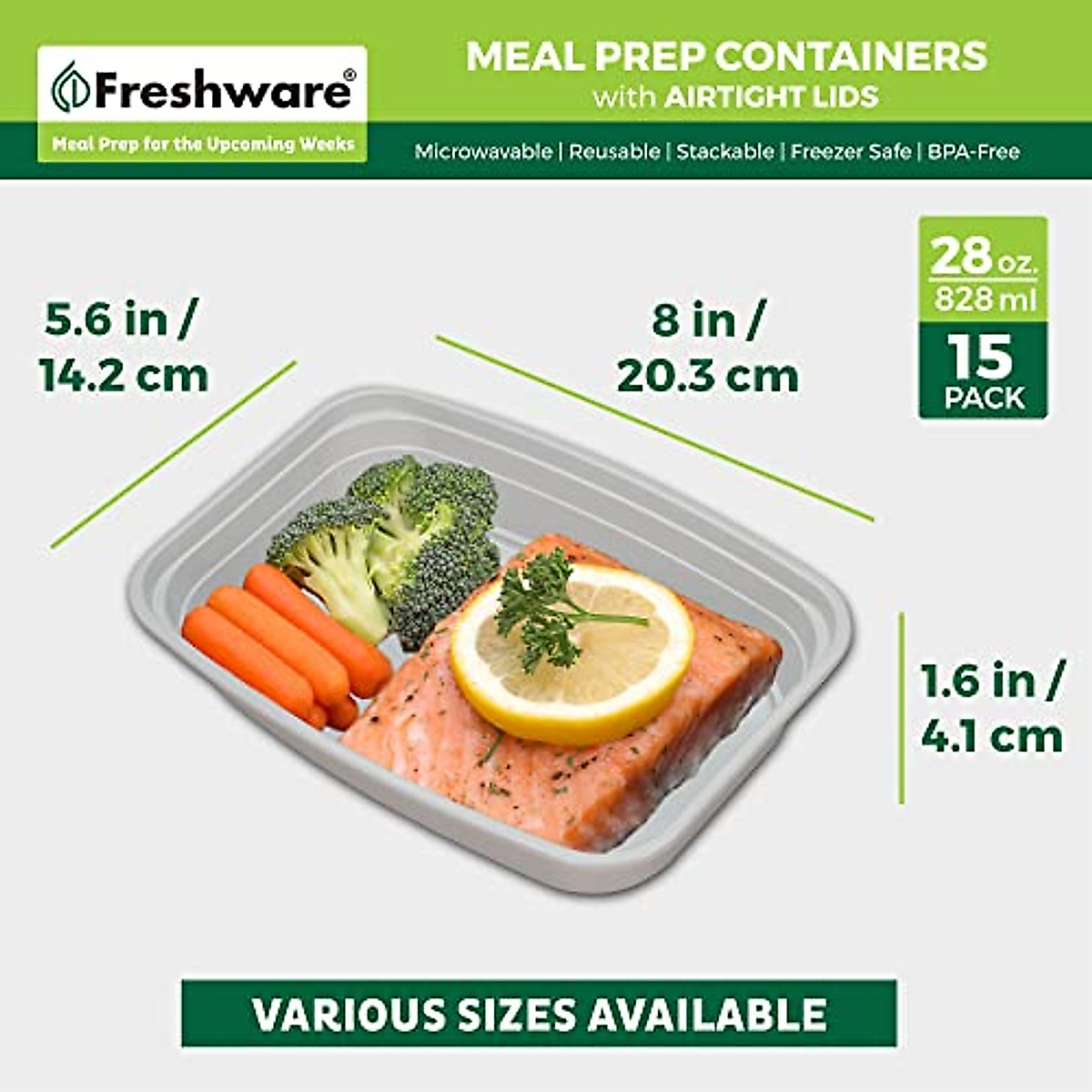 Freshware Meal Prep Containers [15 Pack] 1 Compartment Food Storage Containers with Lids, Bento Box, BPA Free, Stackable, Microwave/Dishwasher/Freezer Safe (28 oz)