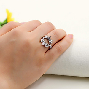 Women's Marquise-Shape CZ Engagement Band Guard Enhancers Silver Stacking Wedding Ring Set Platinum Plated (size 6)