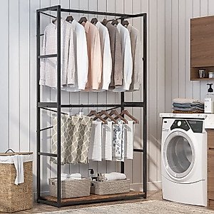 Tribesigns Free Standing Closet Organizer, Garment Clothes Racks with Storage Shelf and Double Hanging Rod, Metal Heavy Duty Wardrobe Closet Storage Clothing Shelving for Hanging Clothes