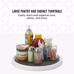 Copco Basics Non-Skid Pantry Cabinet Lazy Susan Turntable, 12-Inch, White/Gray & Non-Skid 3-Tier Spice Pantry Kitchen Cabinet Organizer, 10-Inch, White/Gray