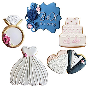 Wedding Cookie Cutters 5-Pc Set Made in the USA by Ann Clark, Square Plaque, Wedding Cake, Wedding Dress, Diamond Ring, Double Heart