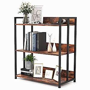Tangkula Bookshelf, 3 Tier Industrial Book Shelf with Adjustable Shelves and Metal Frame, DIY 3 Shelf Bookcase and Bookshelves, Freestanding Storage Shelf for Living Room Home Office, Rustic Brown
