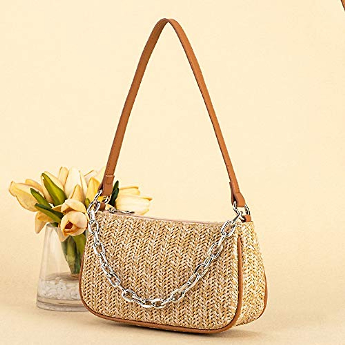 GL-Turelifes Small Straw Bags Summer Beach Bag Casual Clutch Shoulder Tote HandBag with Zipper Closure for Women (Brown B)