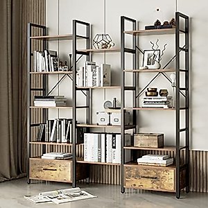 oneinmil Triple Wide 5-Tier Bookshelf with 2 Drawers, Rustic Etagere Book Shelves Display Shelf for Home Office, Industrial Style Wood and Metal Bookshelf in Living Room, Study, Bedroom (Brown)