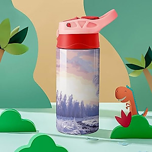 Stainless Steel Water Bottles Winter Landscape Travel Water Cups with Handle And Silicone Straw Drinking Cup with Leak Proof Lid Thermo Travel Mug for Women Men