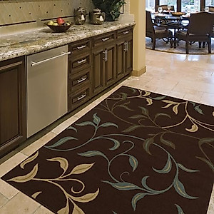 Machine Washable Leaves Design Non-Slip Rubberback 5x7 Traditional Area Rug for Living Room, Bedroom, Kitchen, 5' x 6'6", Brown